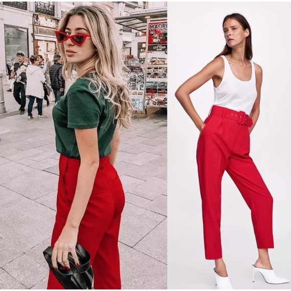 Zara | Pants & Jumpsuits | Zara High Waisted Red Pants With Belt | Poshmark